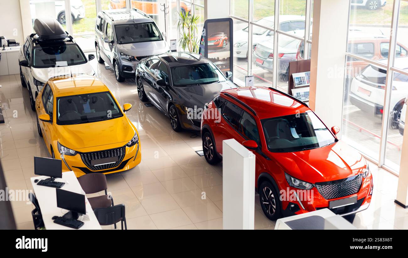 Beautiful modern cars at luxury dealership salon, view above Stock ...