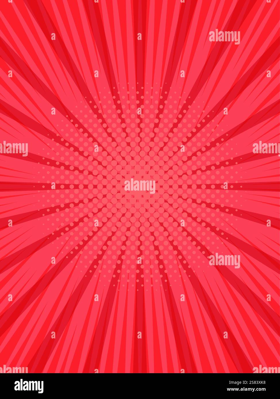 Red zoom lines and halftone dots converging to the center creating a vibrant and dynamic ...