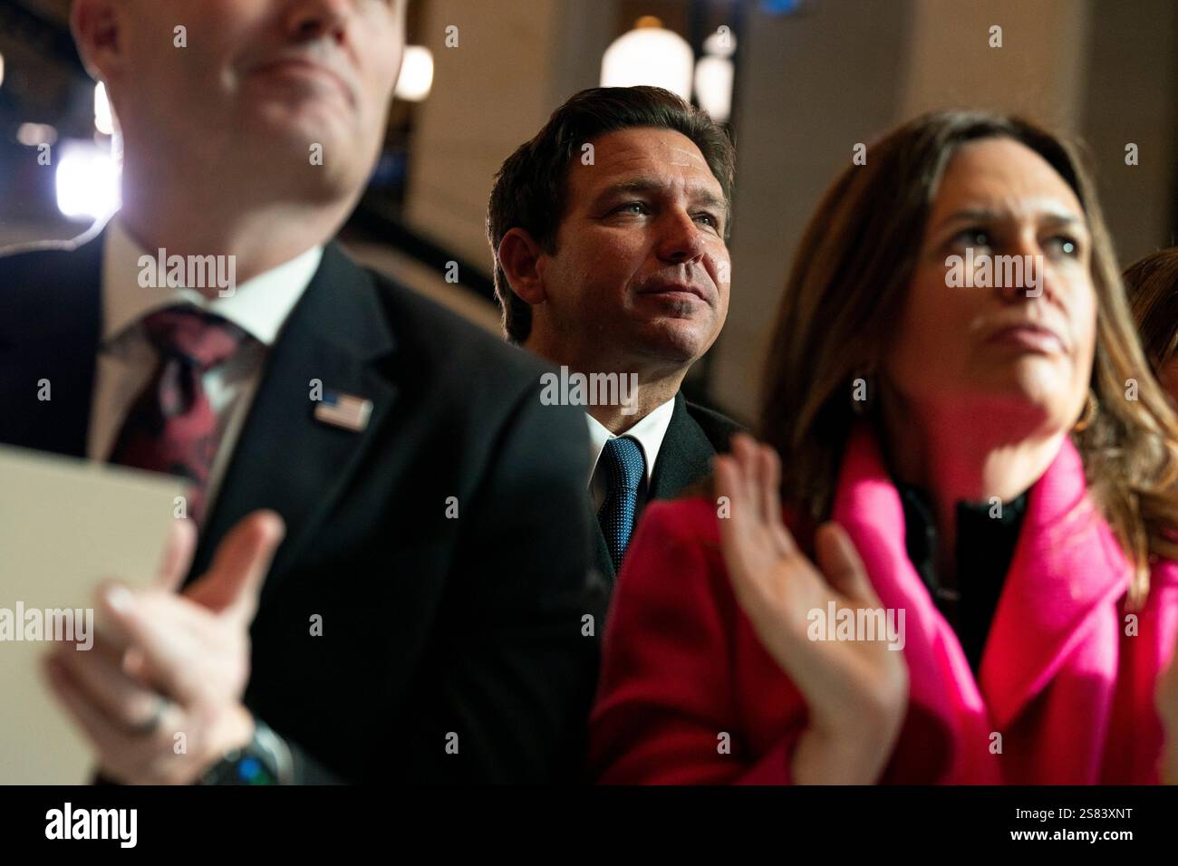 Washington, DC. 20th Jan, 2025. Florida Governor Ron DeSantis (R) is seen in an overflow room in ...