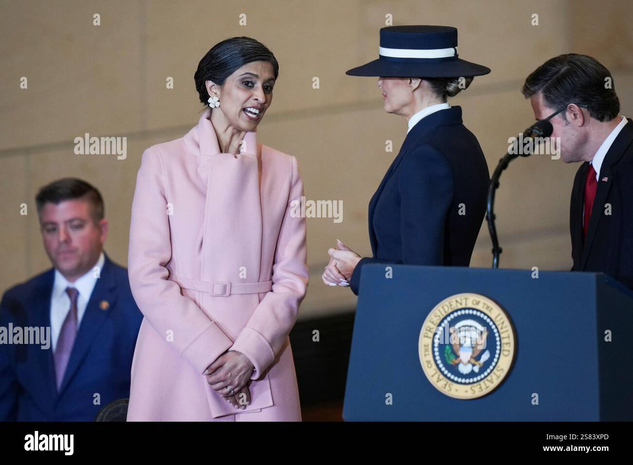 Second Lady Usha Vance (left) and First Lady Melania Trump converse in ...