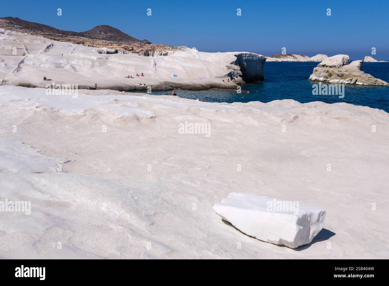 Milos, GR - 28 September 2024: White volcanic rocks at Sarakiniko beach ...