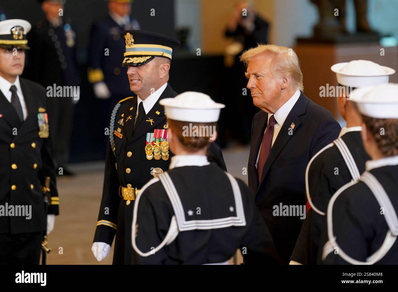 President Donald Trump reviews the troops in Emancipation Hall after ...