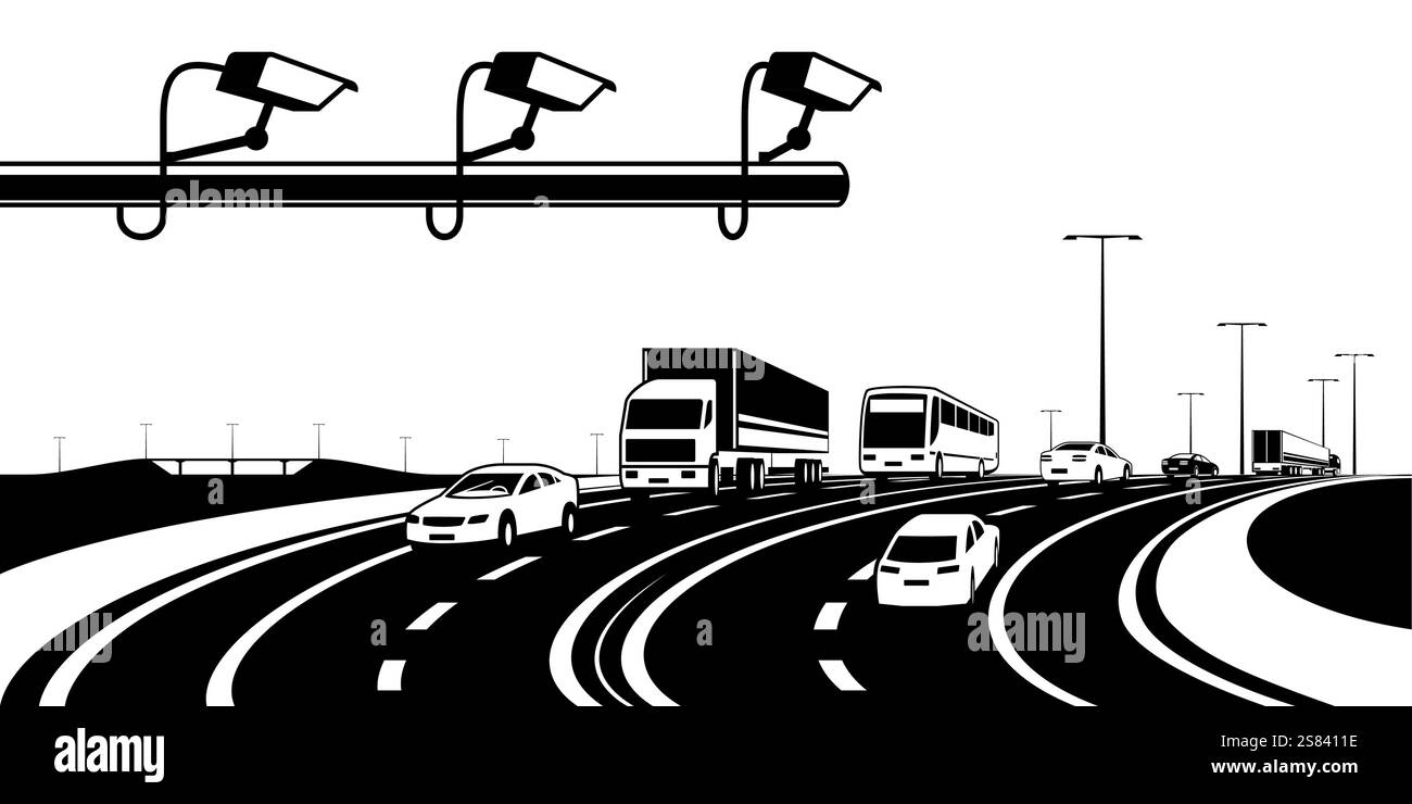 Traffic enforcement cameras on speed highway – vector illustration ...