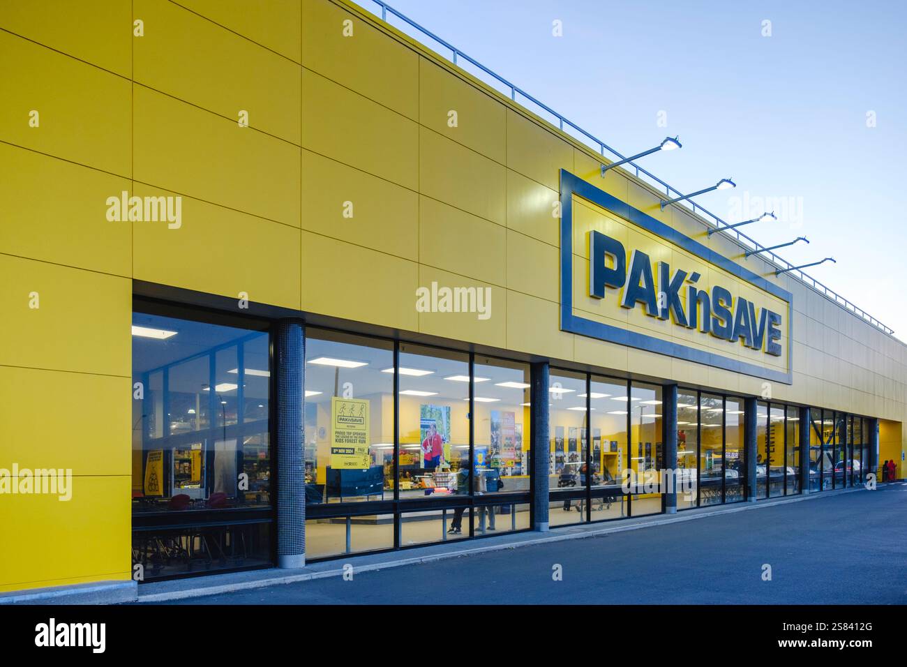 Pak'nSave supermarket exterior in New Zealand with its iconic yellow ...