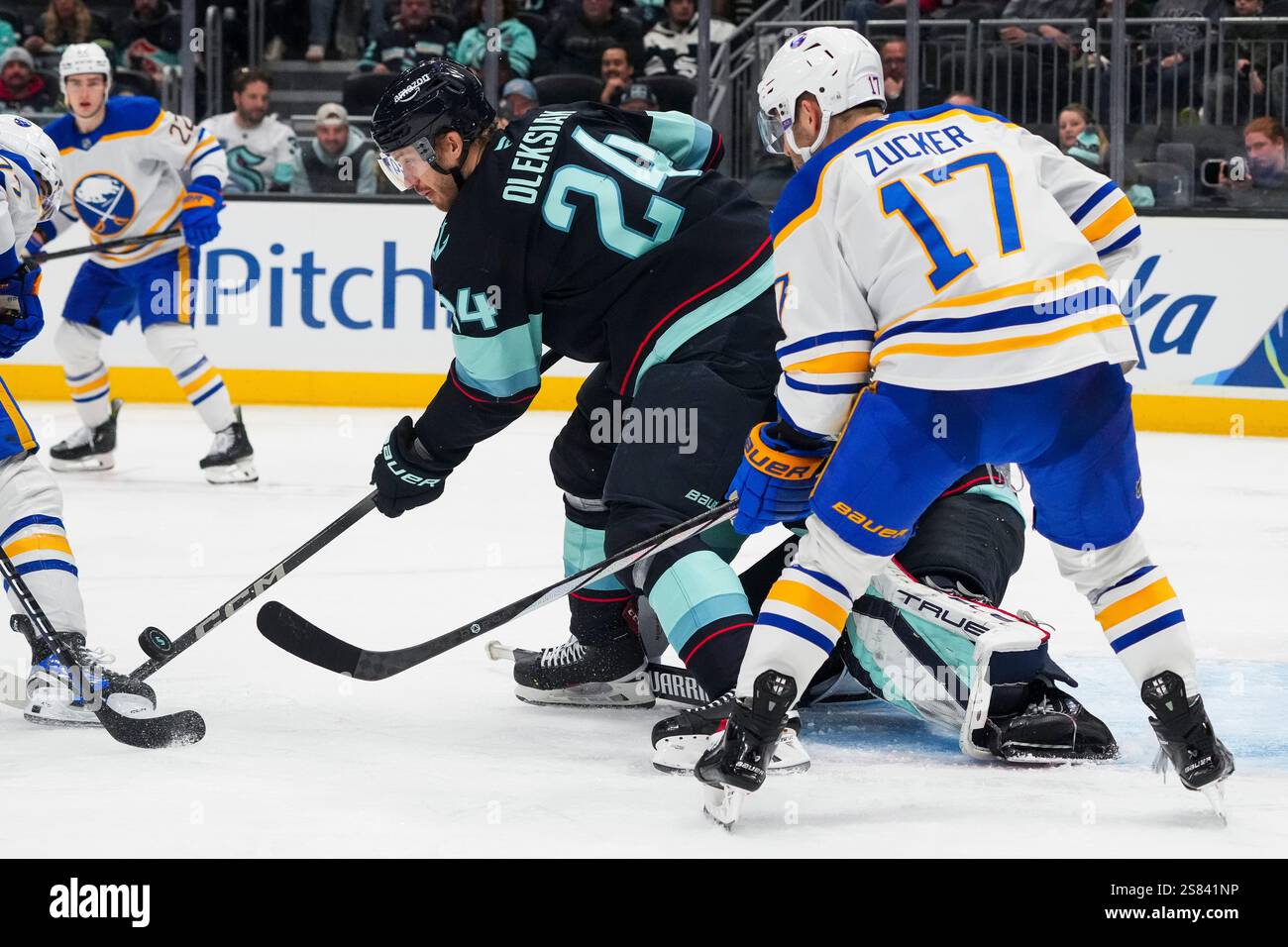 Seattle Kraken defenseman Jamie Oleksiak (24) blocks a shot against the ...