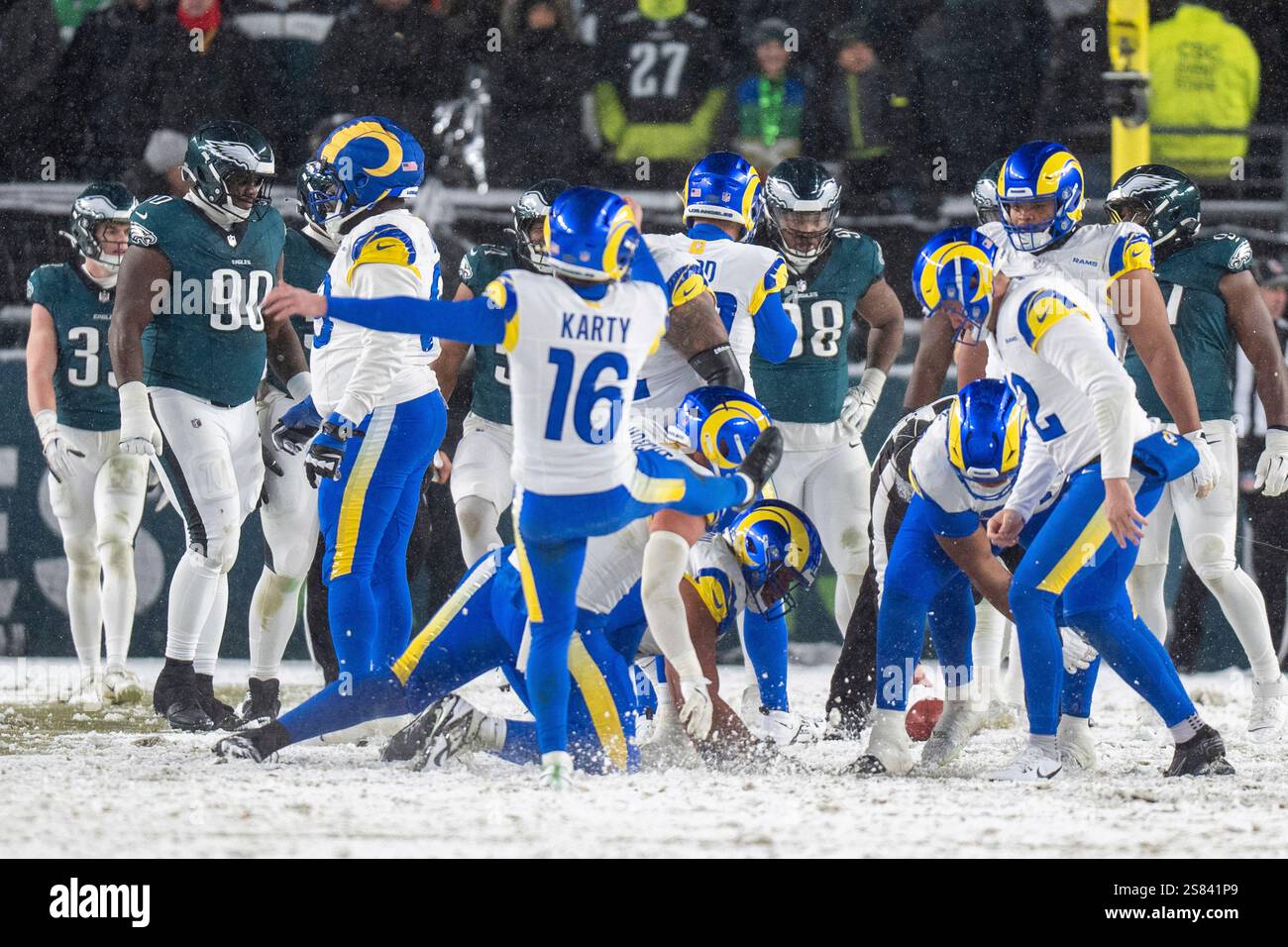 Los Angeles Rams kicker Joshua Karty (16) warms up as his teammates ...