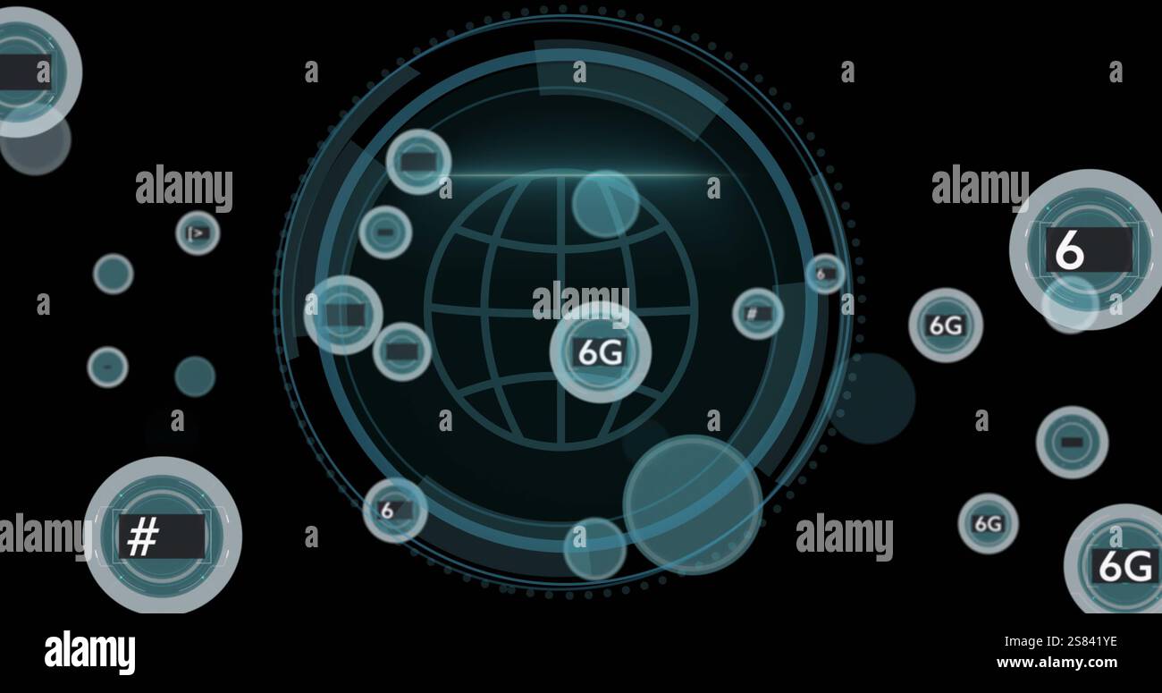 Image of 6g over globe with scope scanning on black background Stock Photo - Alamy