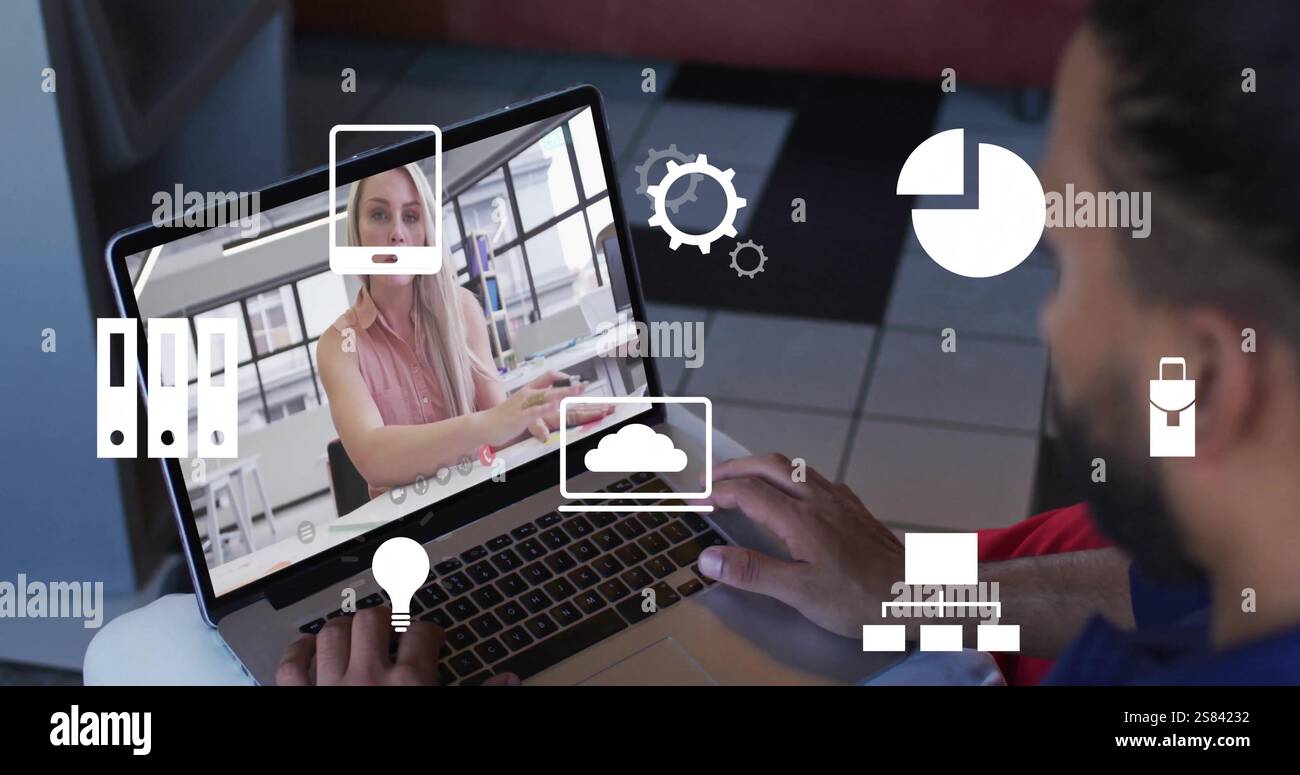 Image of business icons over diverse colleagues having image call in ...