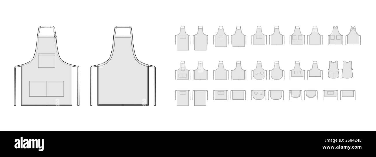 Set of Aprons technical fashion illustration. Chef uniform for cooking ...
