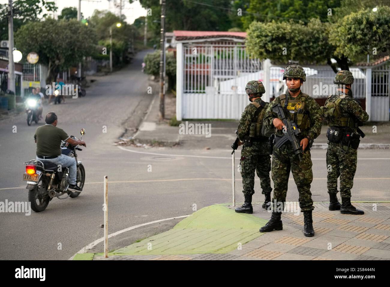 Soldiers patrol Tibu, Colombia, Monday, Jan. 20, 2025, following a ...