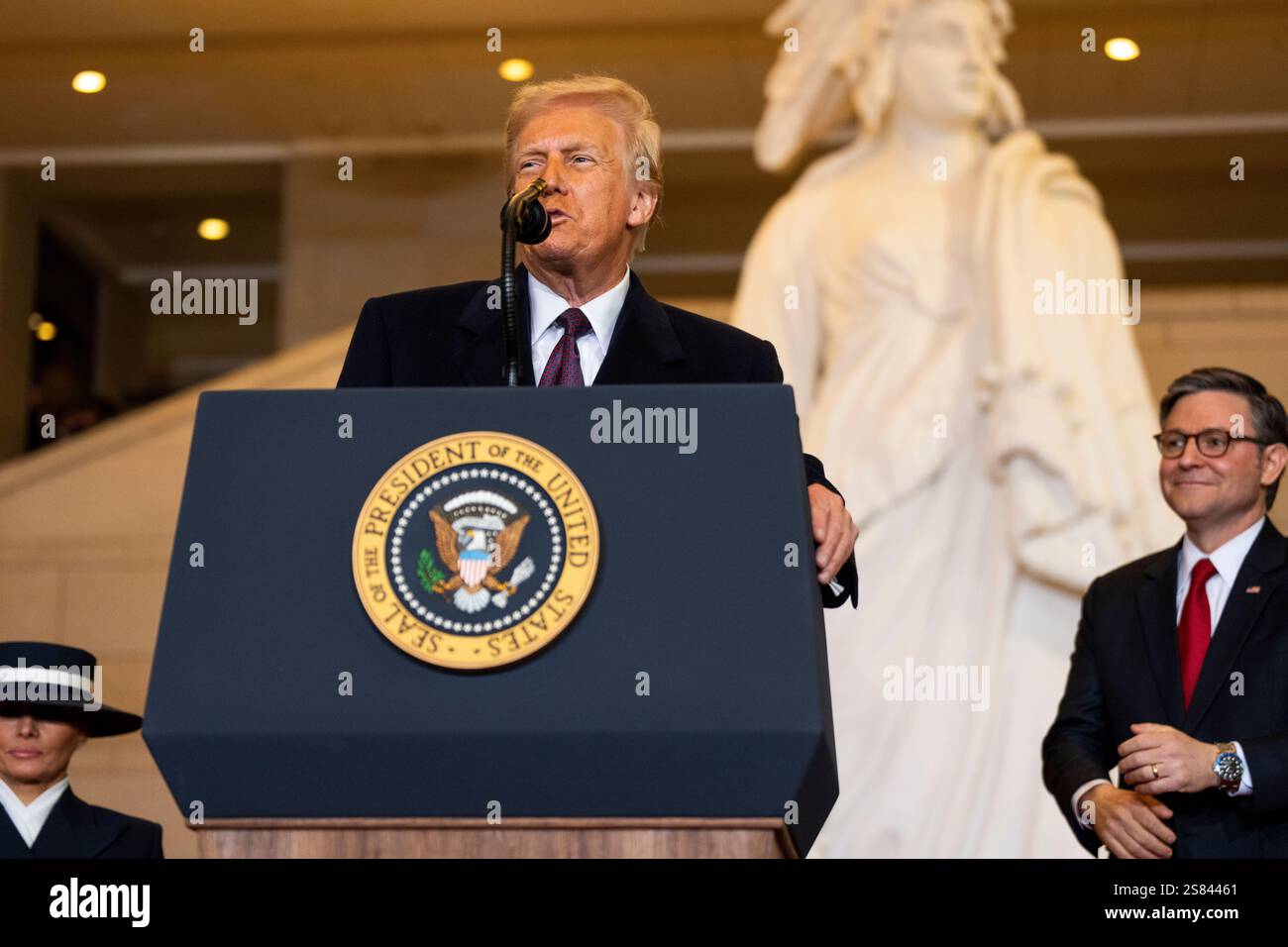 Washington, Dc, USA. 20th Jan, 2025. President Donald Trump addresses guests and supporters in ...