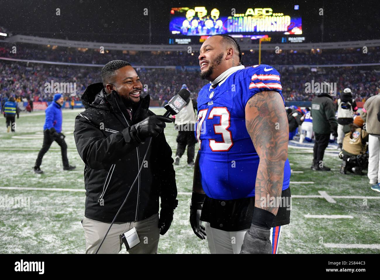 NFL Network reporter Cameron Wolfe, left, interviews Buffalo Bills ...