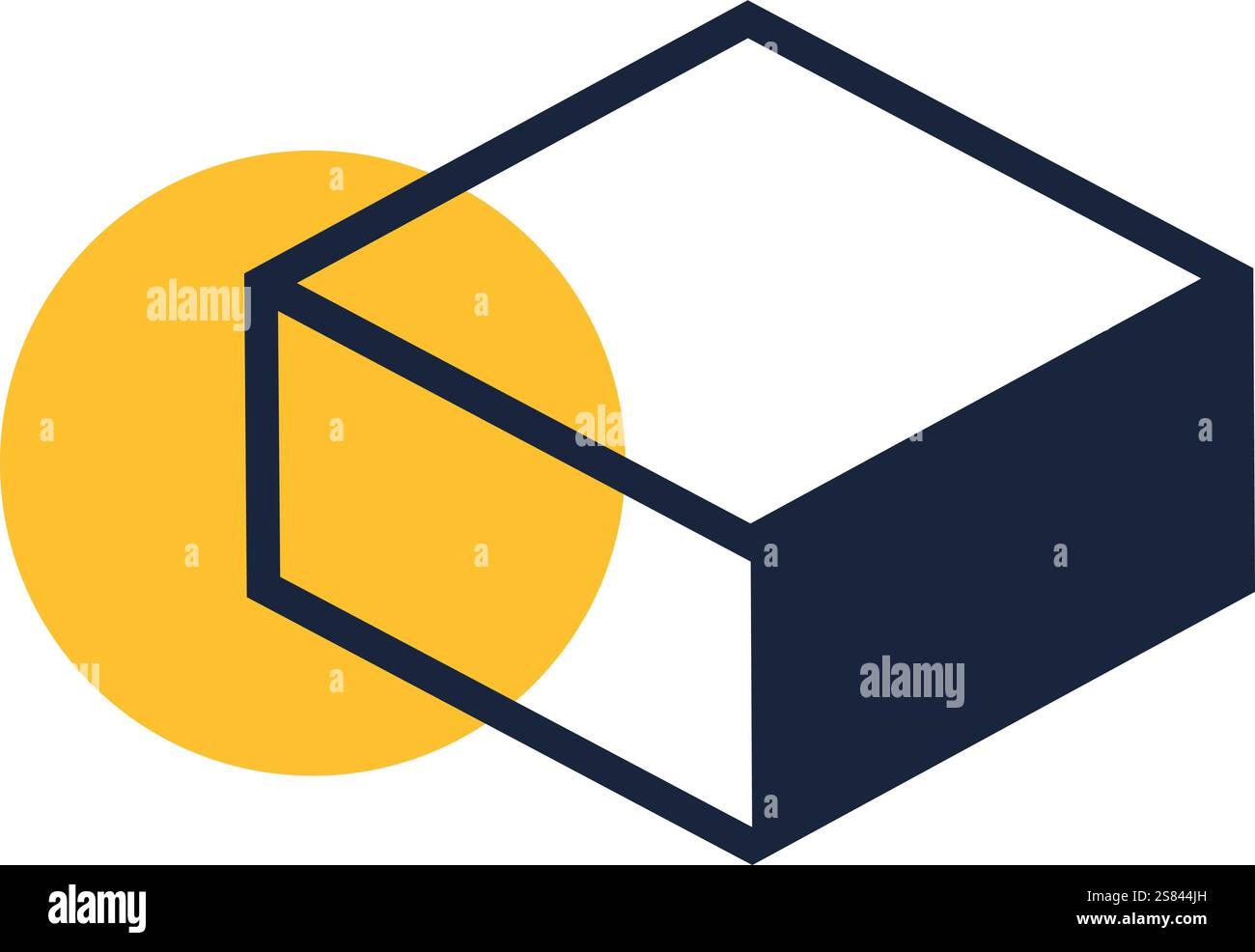 Geometric composition featuring a cube intersecting a vibrant yellow ...
