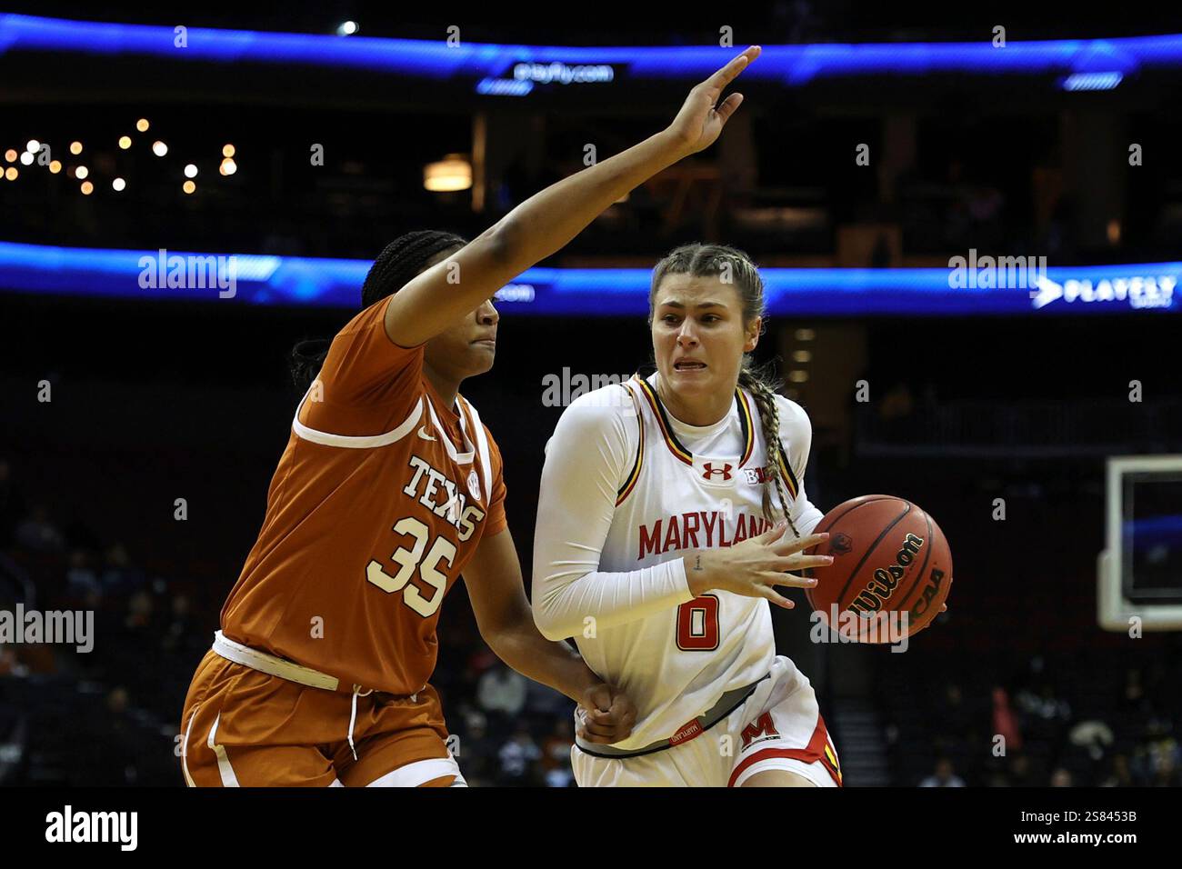 Maryland guard Saylor Poffenbarger, right, dribbles the ball against ...