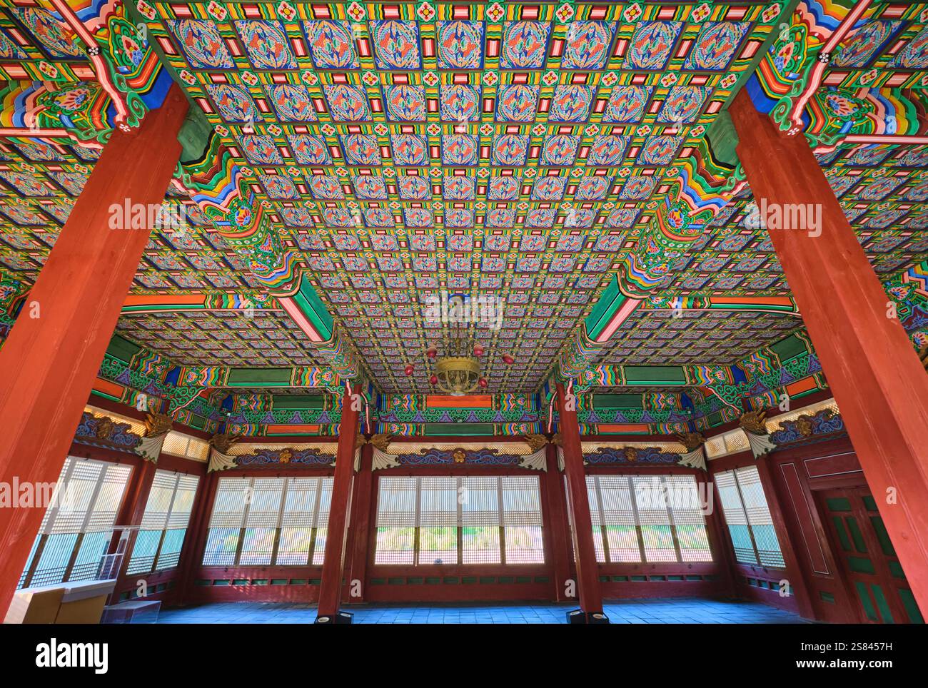 View of the colorful, painted, interior ceiling. At Deokhongjeon hall ...