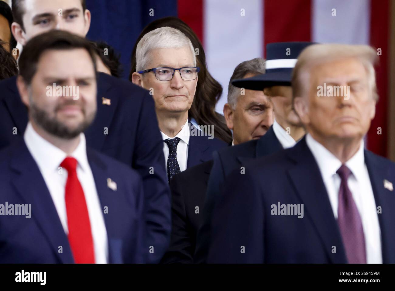 Washington, United States. 20th Jan, 2025. Apple CEO Tim Cook (C) seen ...