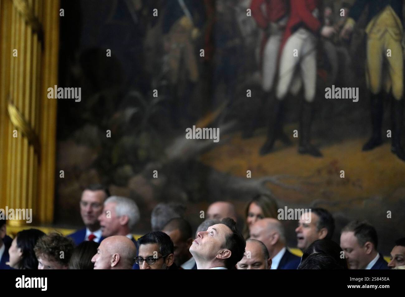Elon Musk looks up at the 60th Presidential Inauguration in the Rotunda ...