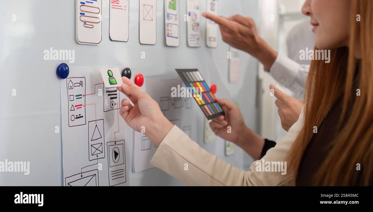 Collaborative UX UI team refining app designs on a whiteboard, illustrating dynamic creativity ...