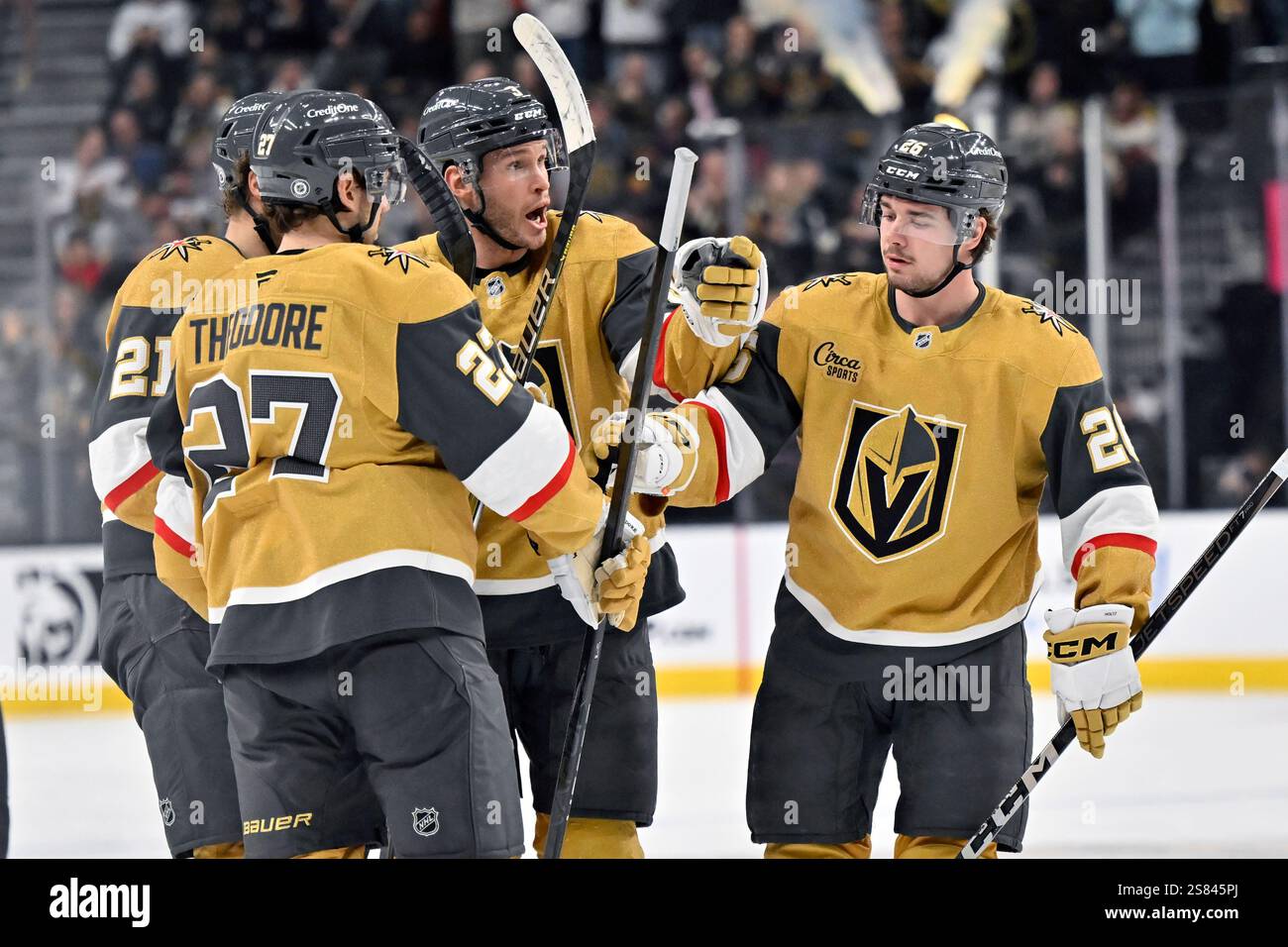 Vegas Golden Knights defenseman Shea Theodore (27), defenseman Brayden ...
