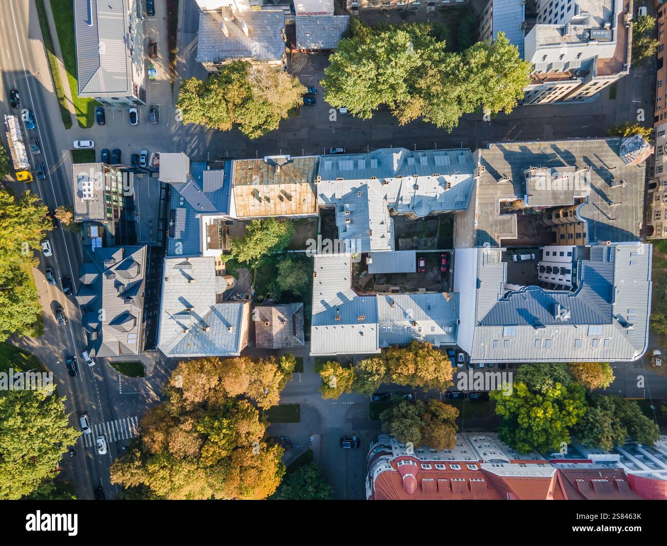Aerial perspective of urban buildings in a U shaped layout, surrounded ...