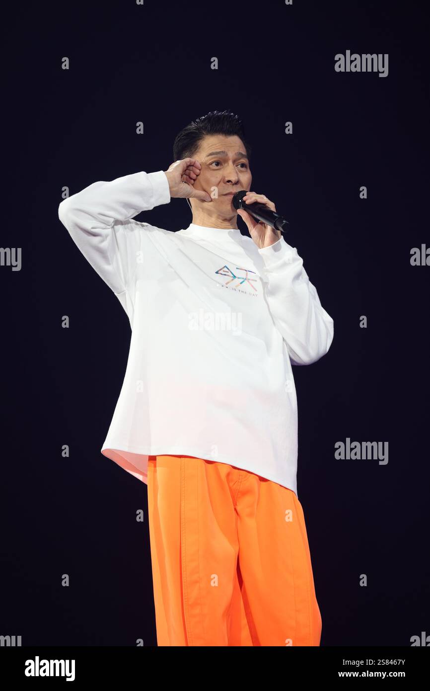 Hong Kong superstar Andy Lau gestures at his concert tour on January 10, 2025 at the Hong Kong ...