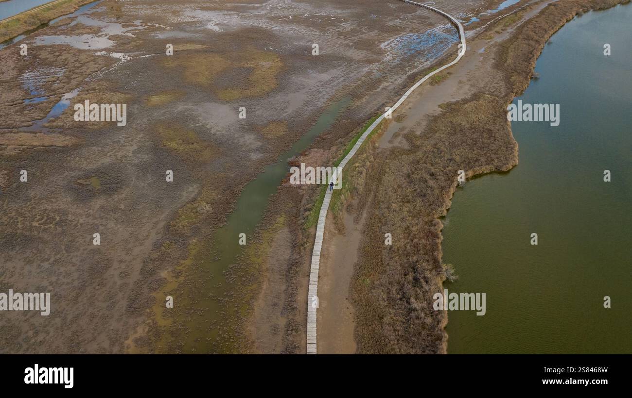 An aerial perspective of a winding boardwalk crossing a wetland with ...