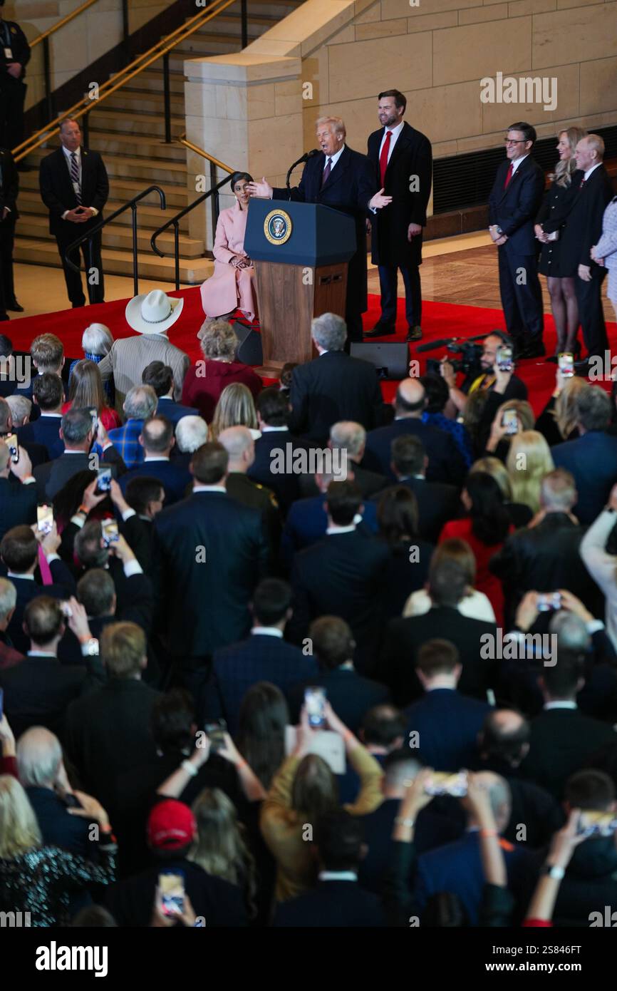 President Donald Trump delivers remarks in Emancipation Hall during ...