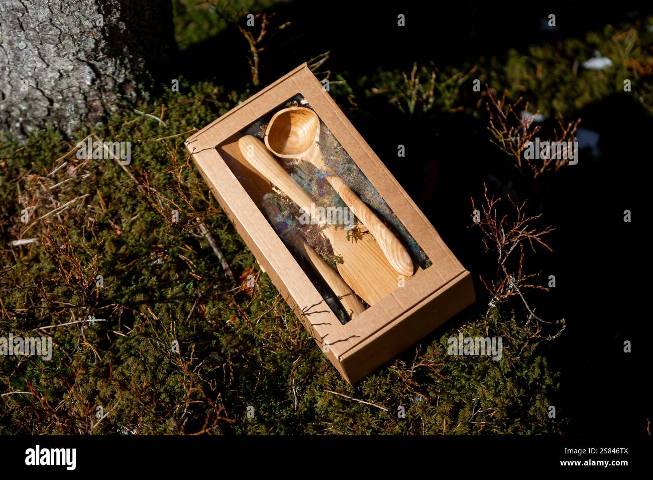 A wooden spoon, knife, and fork in a cardboard box with a transparent ...