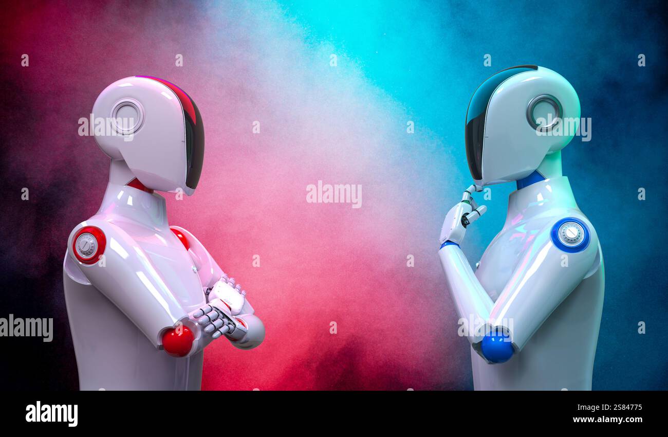 Technology confrontation concept with 3d rendering cyborg confront in ...