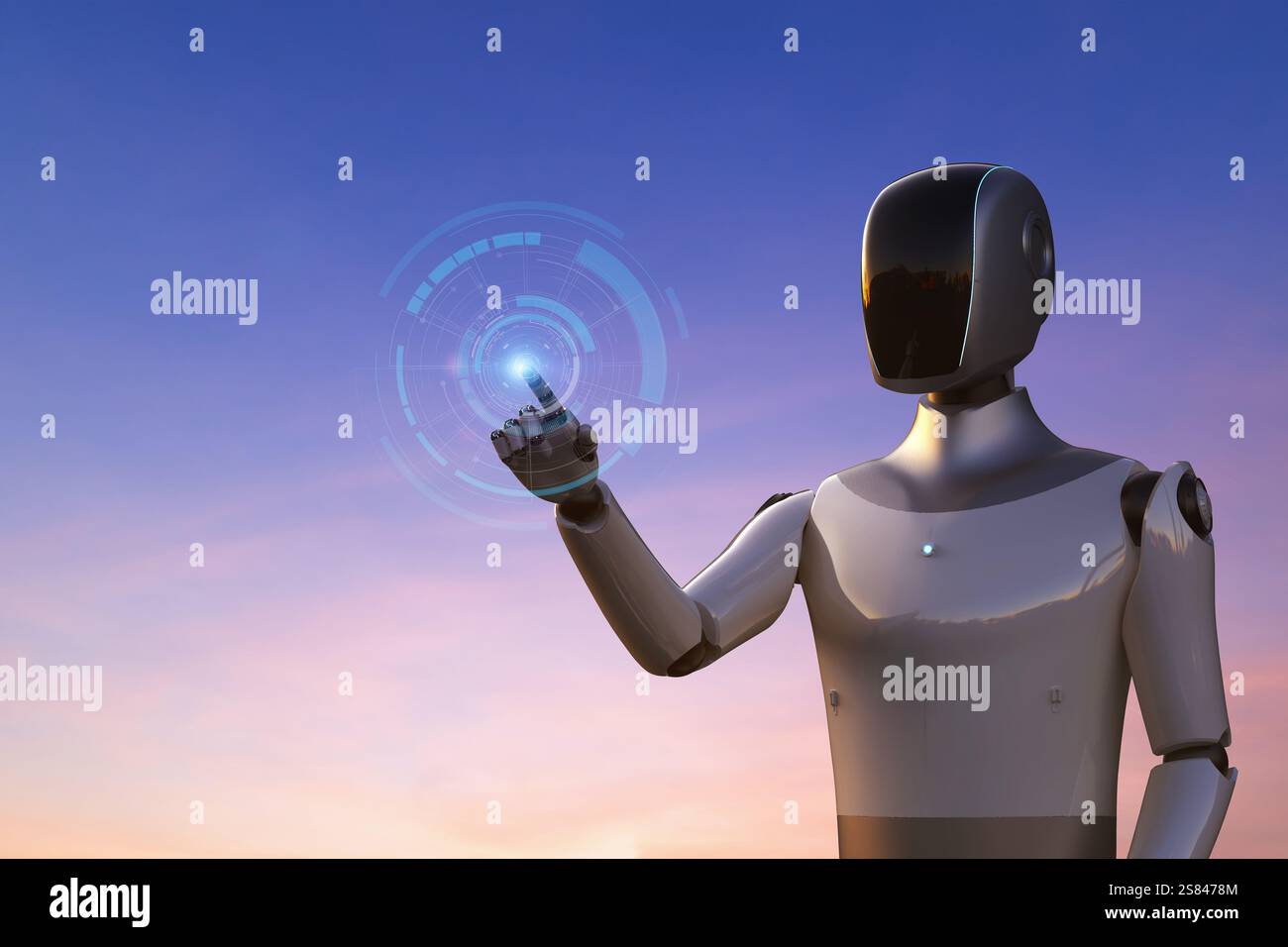 Ai technology with 3d rendering humanoid robot with hud graphic ...