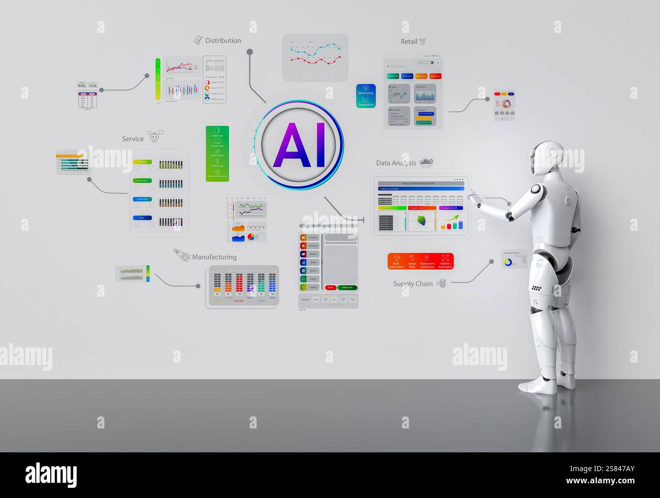 Ai technology with 3d rendering humanoid robot with hud graphic ...