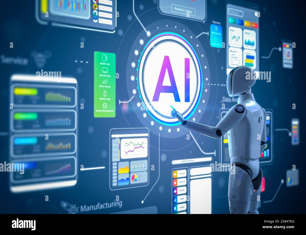 Ai technology with 3d rendering humanoid robot with hud graphic ...
