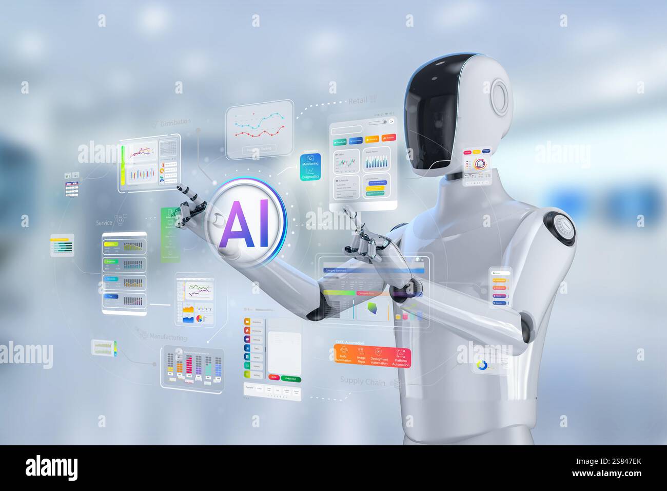 Ai technology with 3d rendering humanoid robot with hud graphic ...