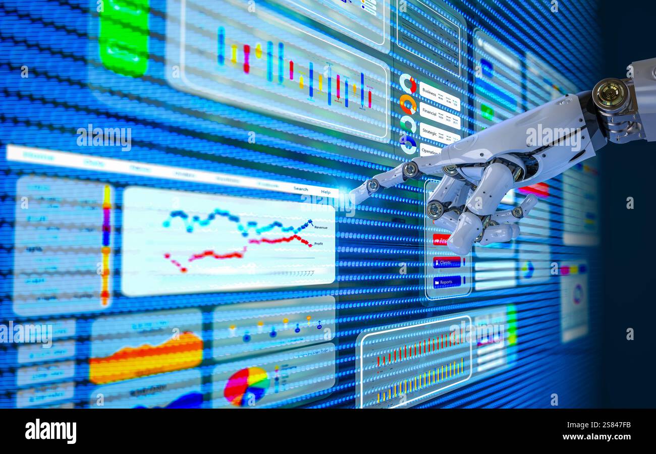 Ai technology with 3d rendering humanoid robot with hud graphic ...