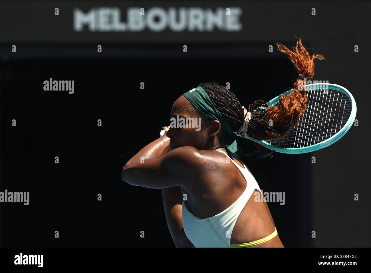 Melbourne, Australia. 21st Jan, 2025. Coco Gauff of USA plays a shot during her 1/4 final match ...
