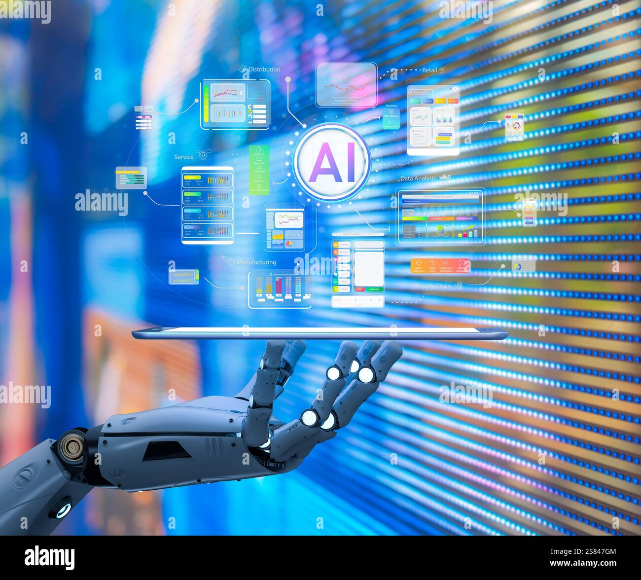 Ai technology with 3d rendering humanoid robot with hud graphic ...