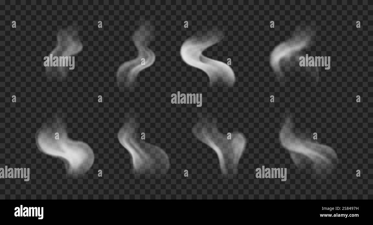 Set of vector hot steam, vapor, smoke on transparent backdrop Stock ...