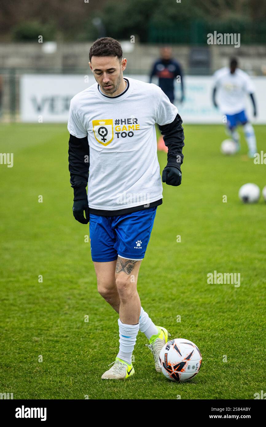Sam Ashford wearing the Her Game Too shirt during warm-ups Wealdstone ...