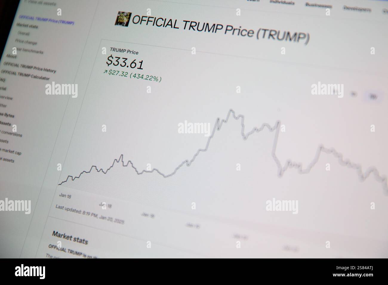A computer screen shows the price of TrumpCoin ($TRUMP), President ...