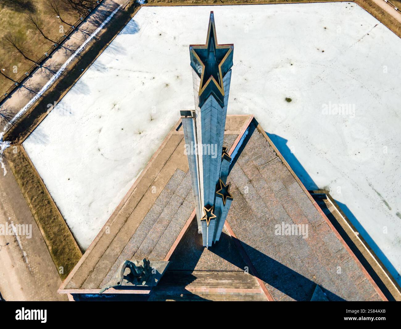 Aerial perspective of the Victory Monument in Riga, Latvia, featuring a ...