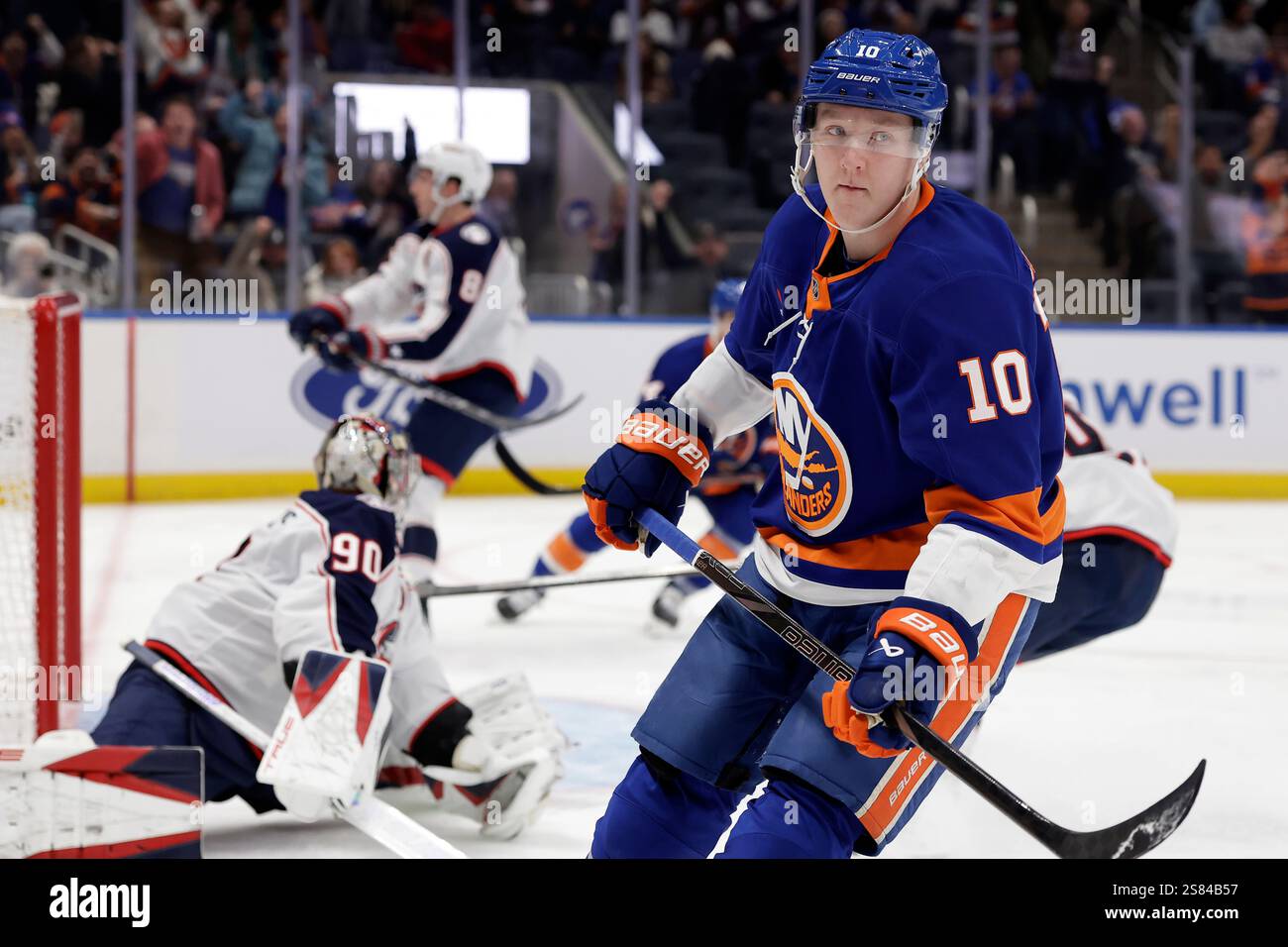 New York Islanders right wing Simon Holmstrom (10) reacts after scoring ...