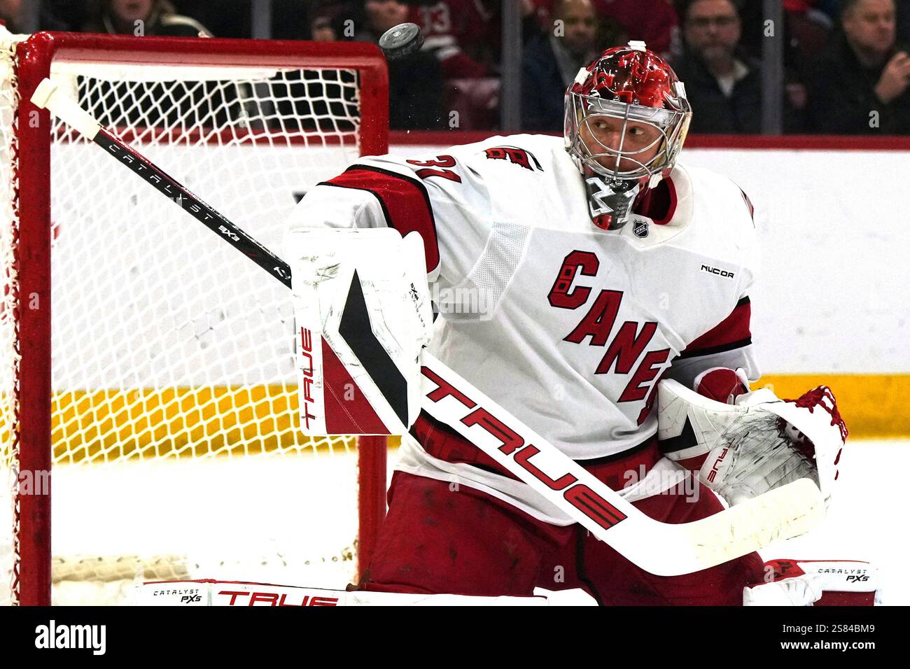 Carolina Hurricanes goaltender Frederik Andersen saves a shot by Chicago Blackhawks right wing ...
