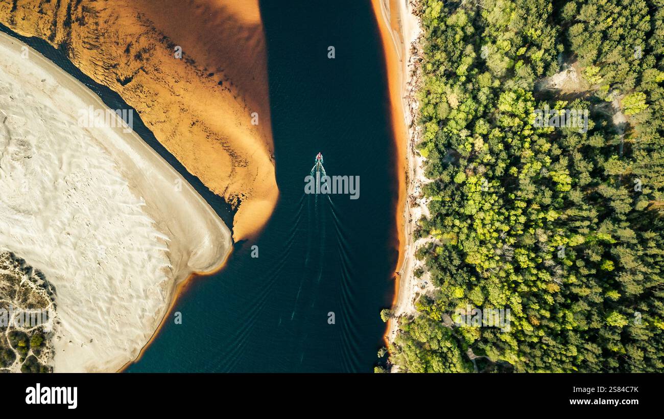 A vibrant green forest contrasts with an orange riverbank, divided by a ...
