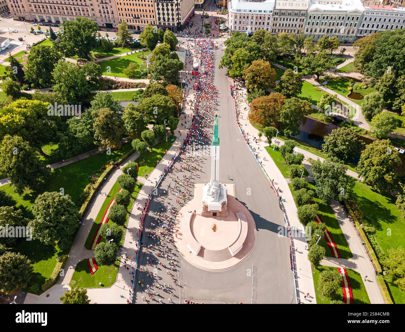 Aerial perspective of the Freedom Monument in Riga, Latvia, surrounded ...