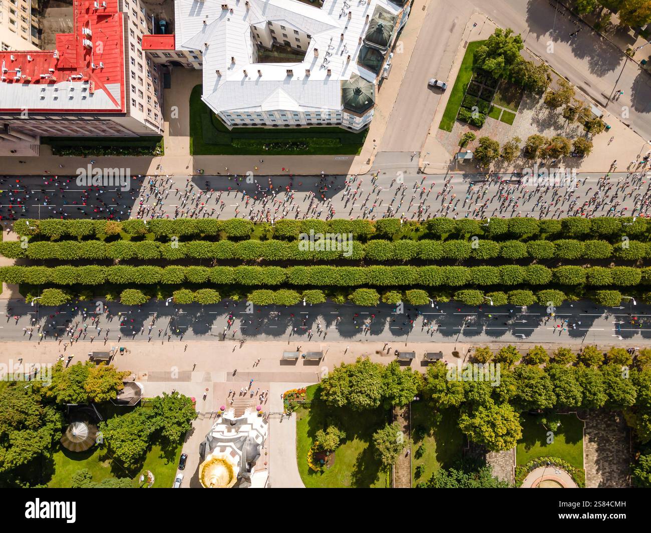 Aerial perspective of a European city featuring a tree lined boulevard ...