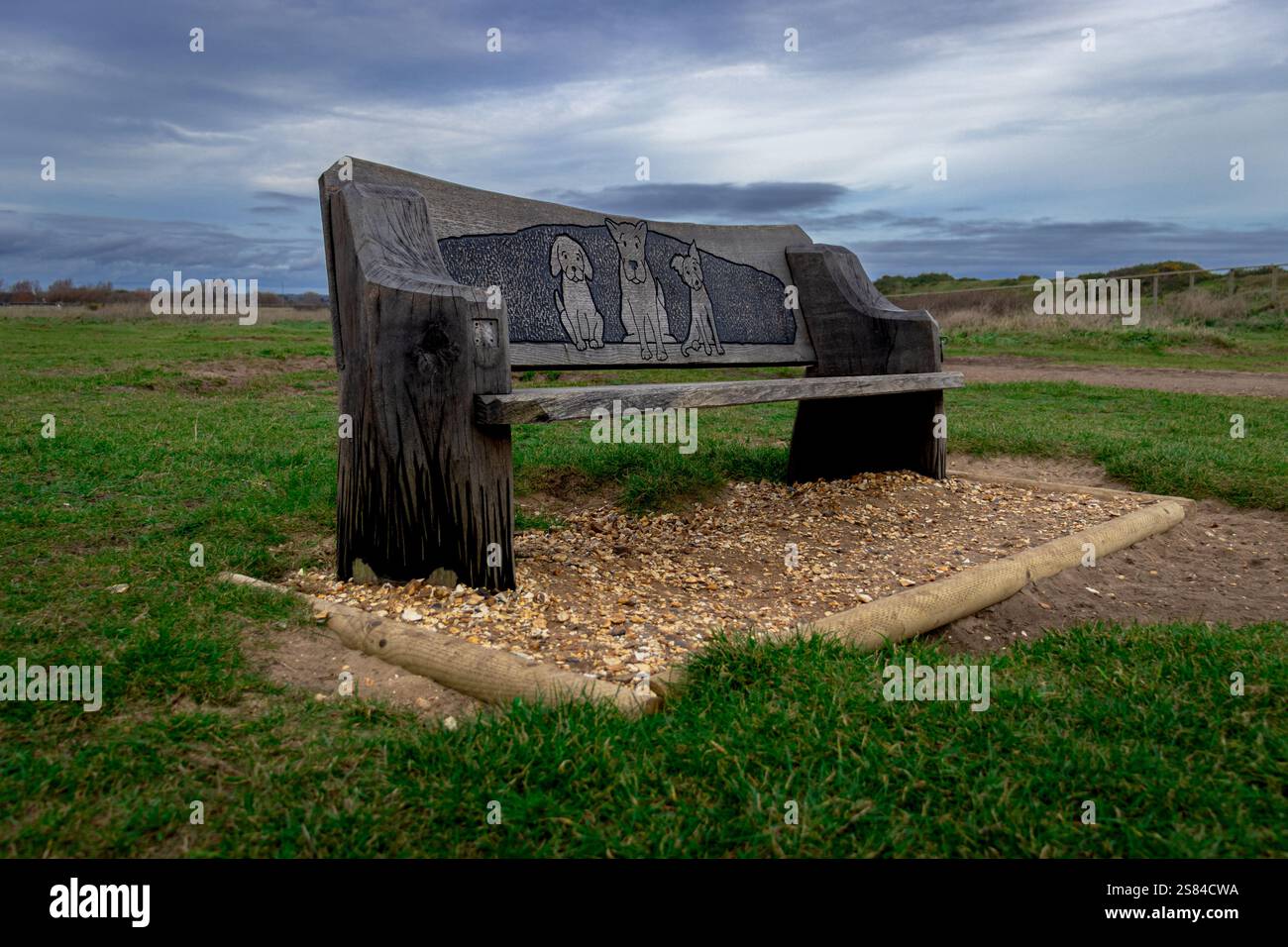 A rustic wooden bench featuring carved animal designs, set in a grassy ...