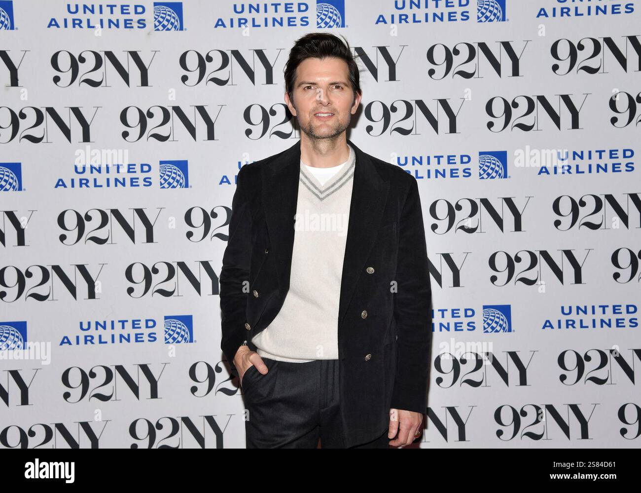 Actor Adam Scott poses backstage before discussing the Apple TV+ series ...