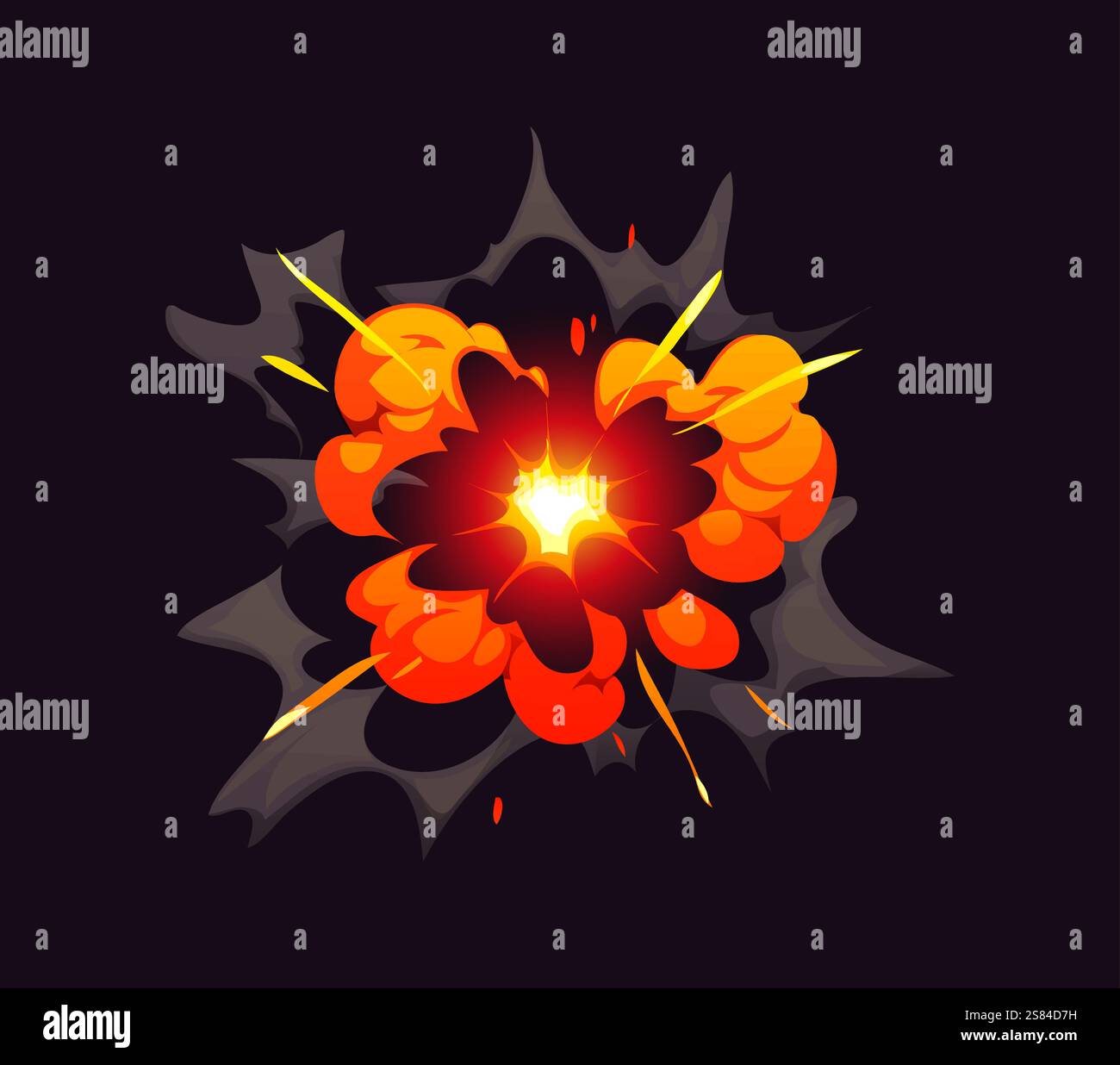 Bomb blast explosion effect of cartoon boom clouds and comic fire with ...