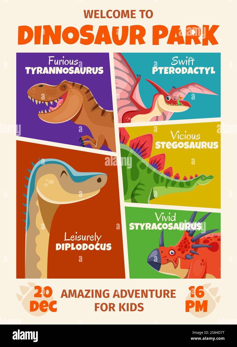 Adventure amusement dinosaurs park retro poster with tyrannosaurus ...