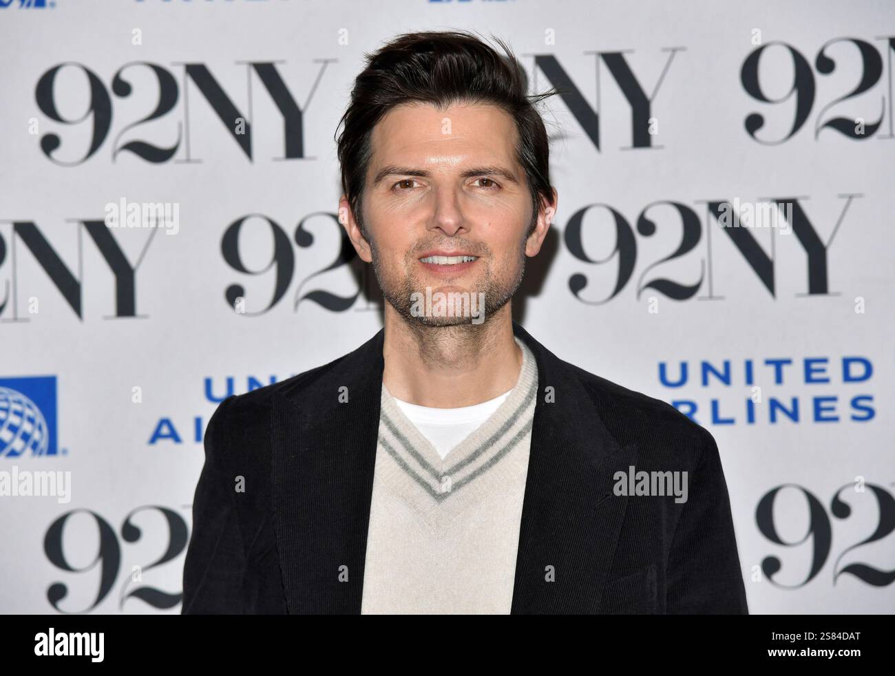 Actor Adam Scott poses backstage before discussing the Apple TV+ series ...